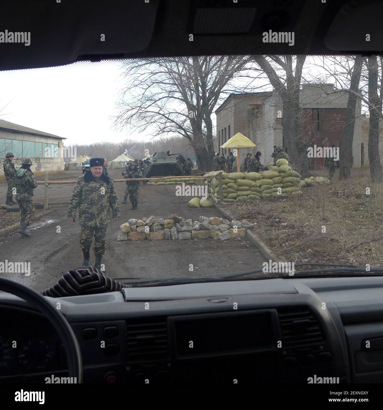 An entrance to newly opened Ukraine army base near the border with ...
