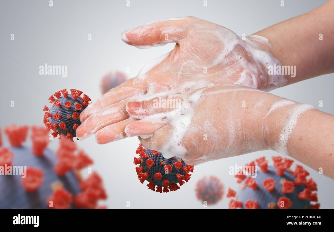 Hygiene concept. Woman is washing her hands. Many viruses around Stock ...