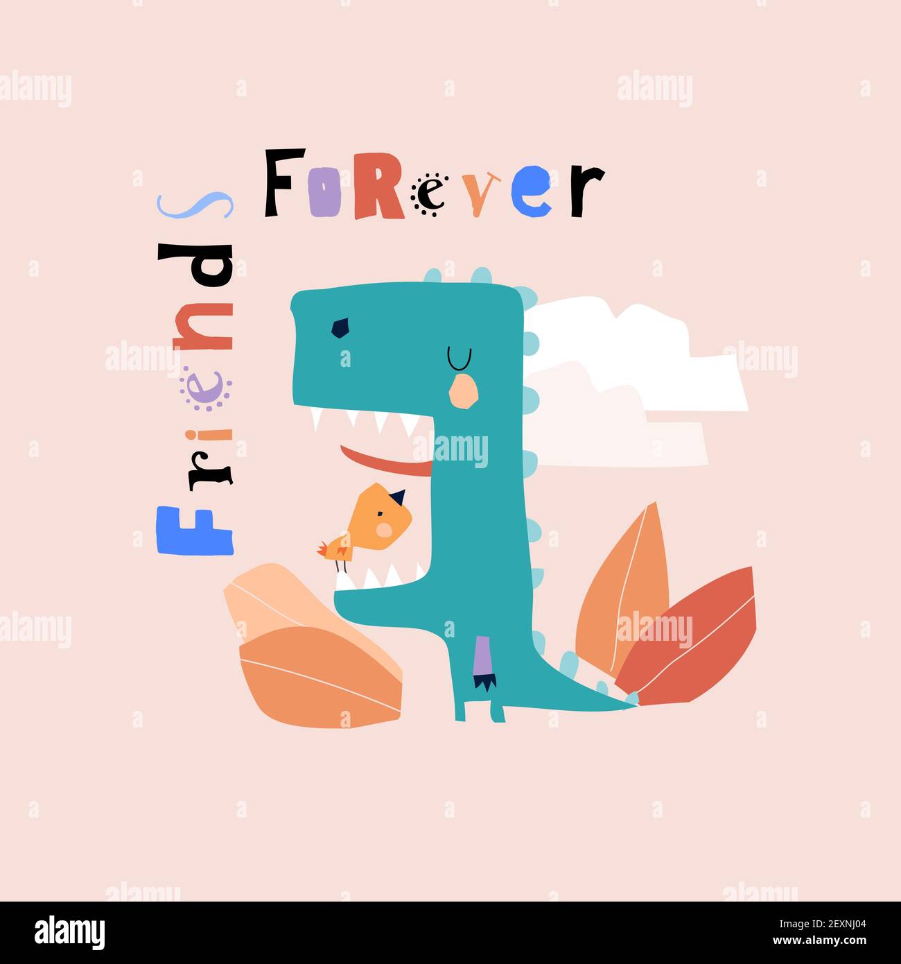 Cute cartoon dinosaur with little bird. Friends forever Stock Vector ...
