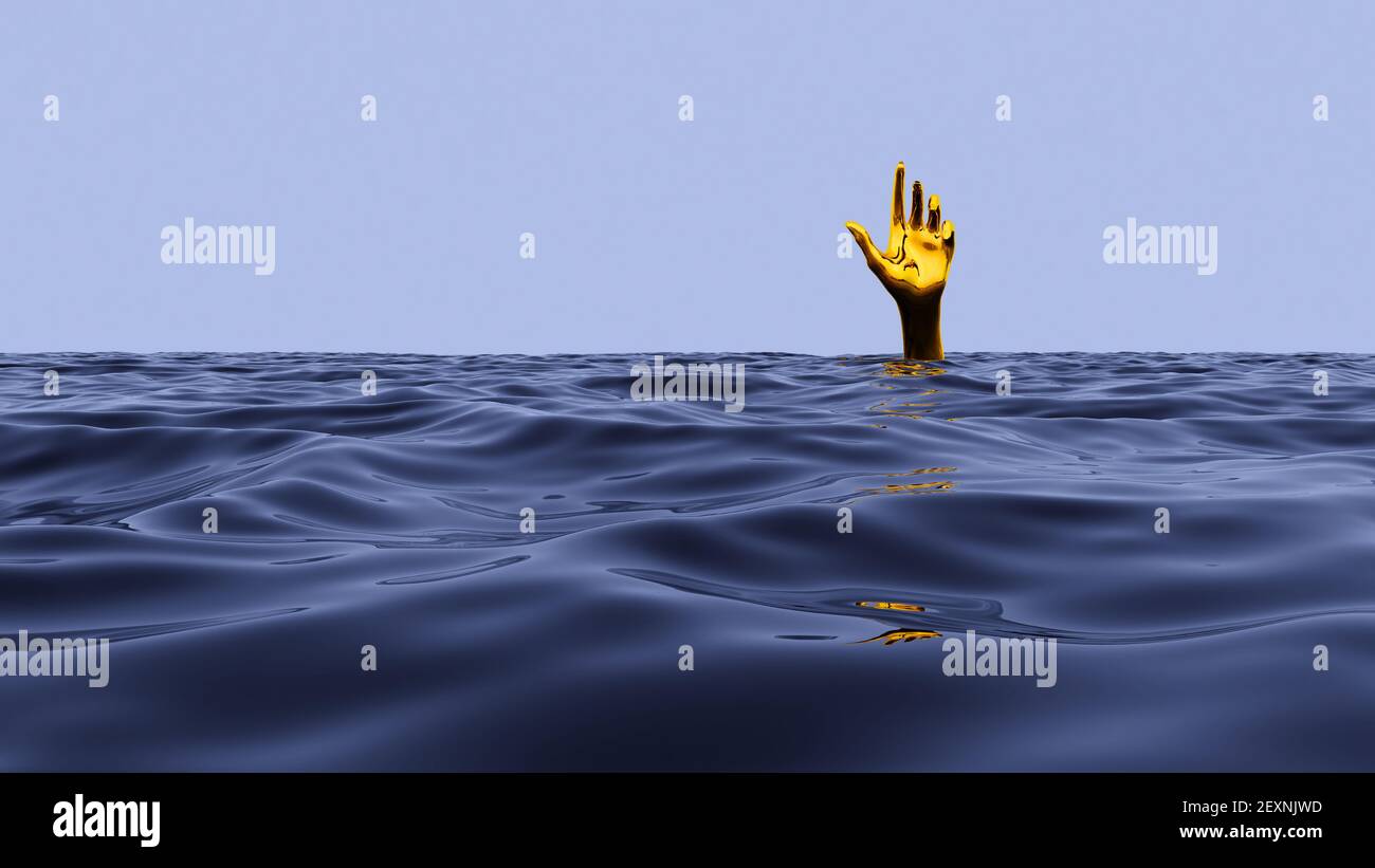 Surreal vaporwave concept with golden hand gesturing from underwater ...