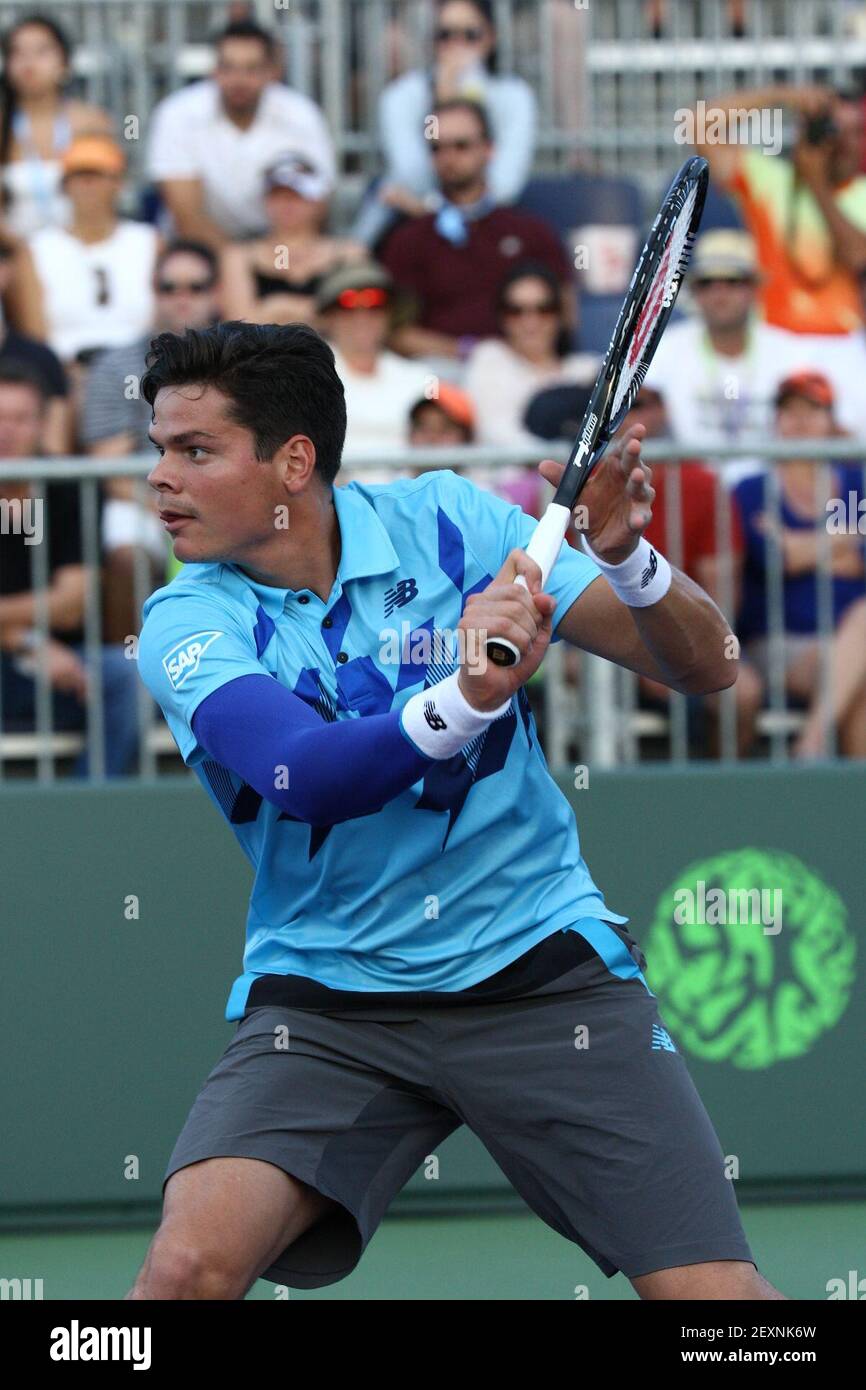 Milos Raonic in action during day 4 matches at the 2014 Sony Open ...