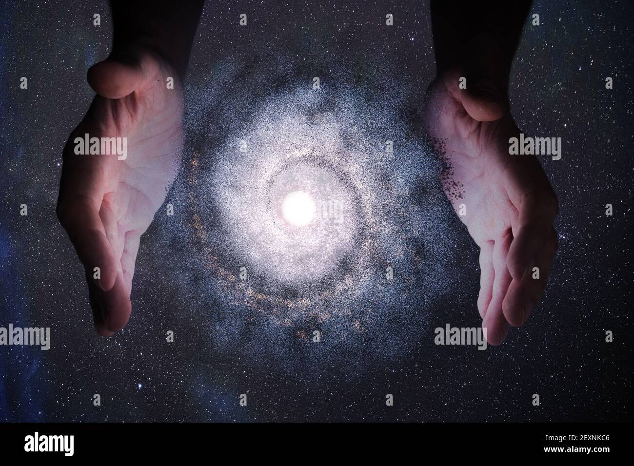 Creationism concept. Hands of God are creating Galaxy in universe Stock ...