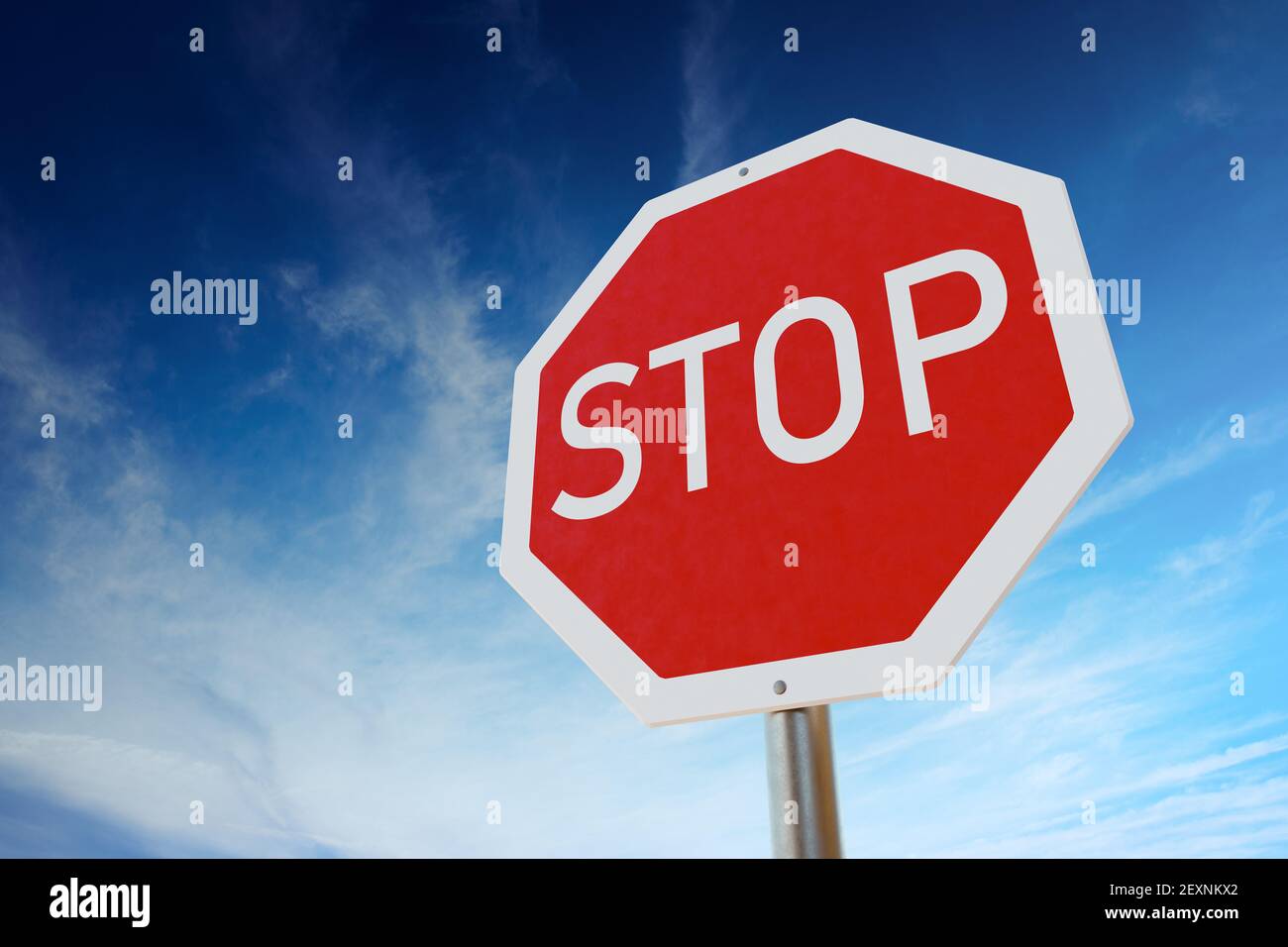 Stop traffic sign against blue sky. 3D rendered illustration Stock ...