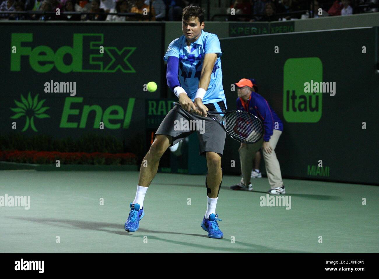 Milos Raonic (CAN) plays against Rafael Nadal (ESP) at the 2014 Sony ...