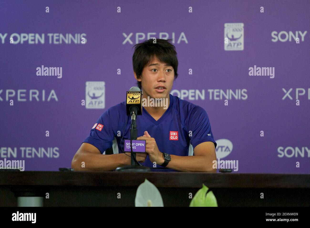 Kei Nishikori (JPN) during his press conference after withdrawing from ... Kei Nishikori (JPN) during his press conference after withdrawing from ...