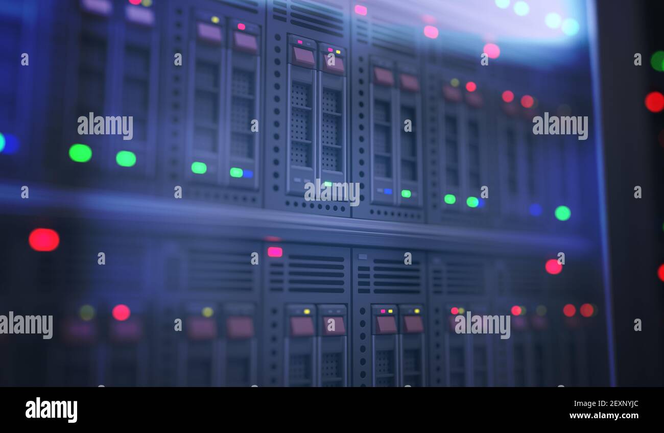 Servers in datacenter with many computers. 3D rendered illustration ...