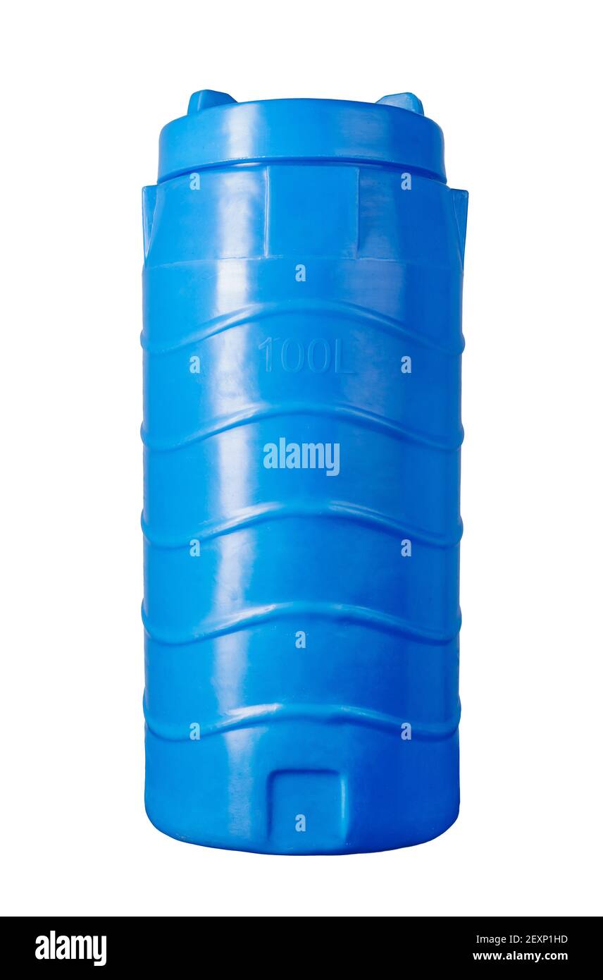 Blue plastic water tank isolated on white Stock Photo - Alamy