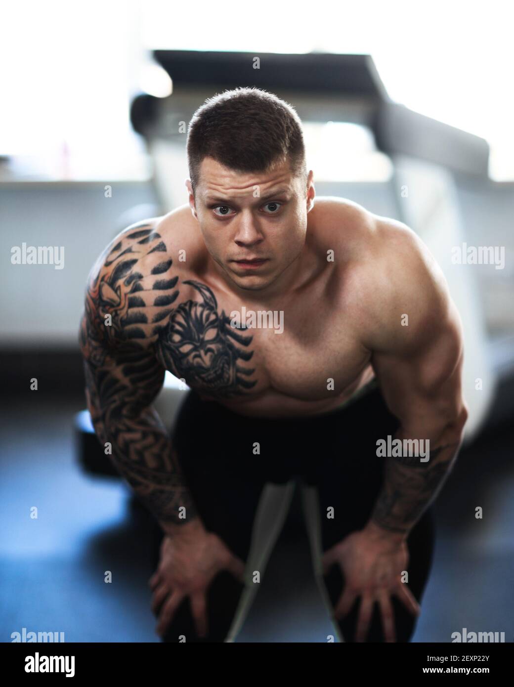 attractive young bodybuilder posing in a modern gym Stock Photo - Alamy