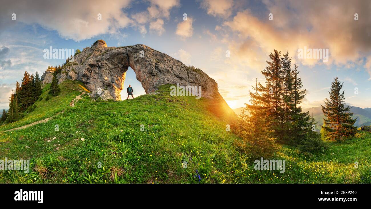 Mountain landscape with big rock at sunset - Low Tatras, Slovakia Stock ...
