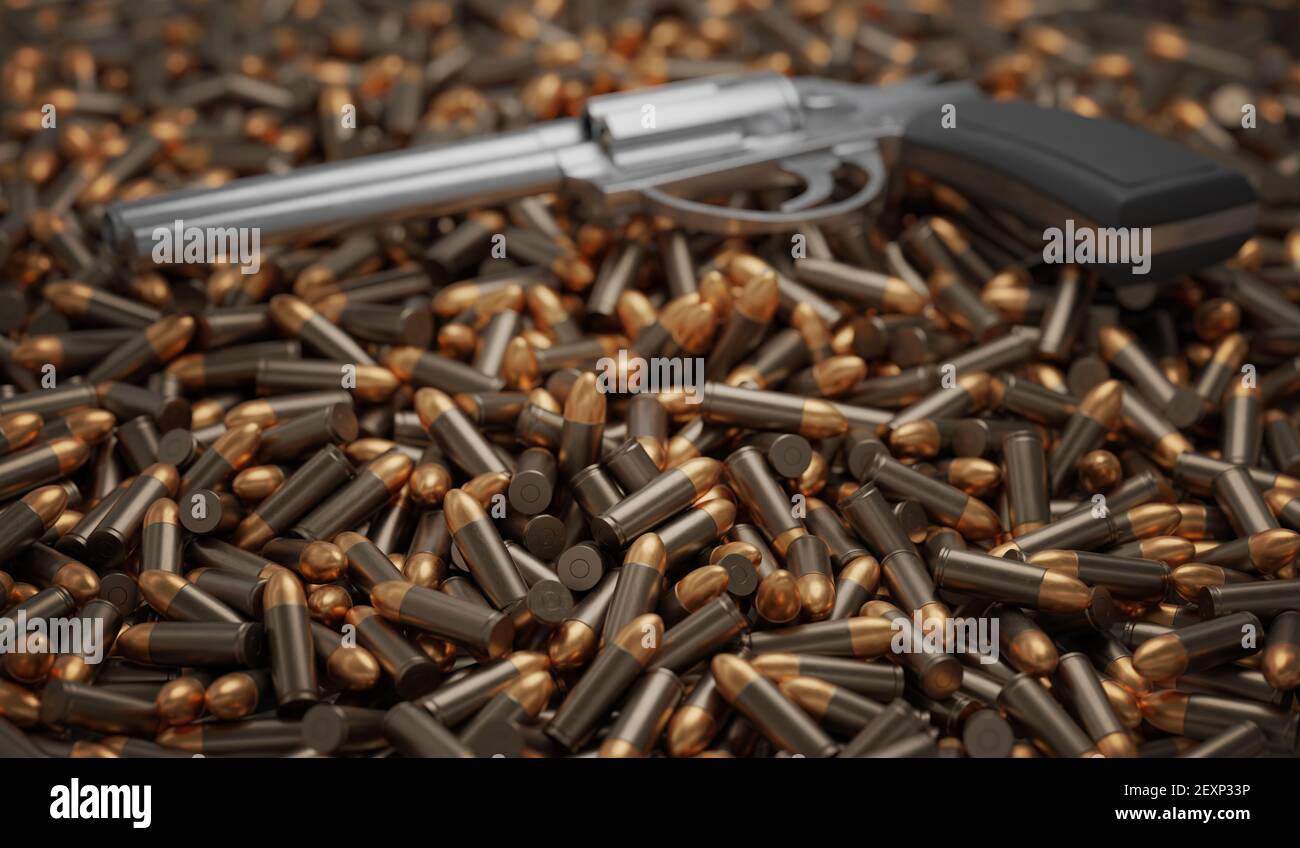 Many bullets and gun in background. 3D rendered illustration Stock ...