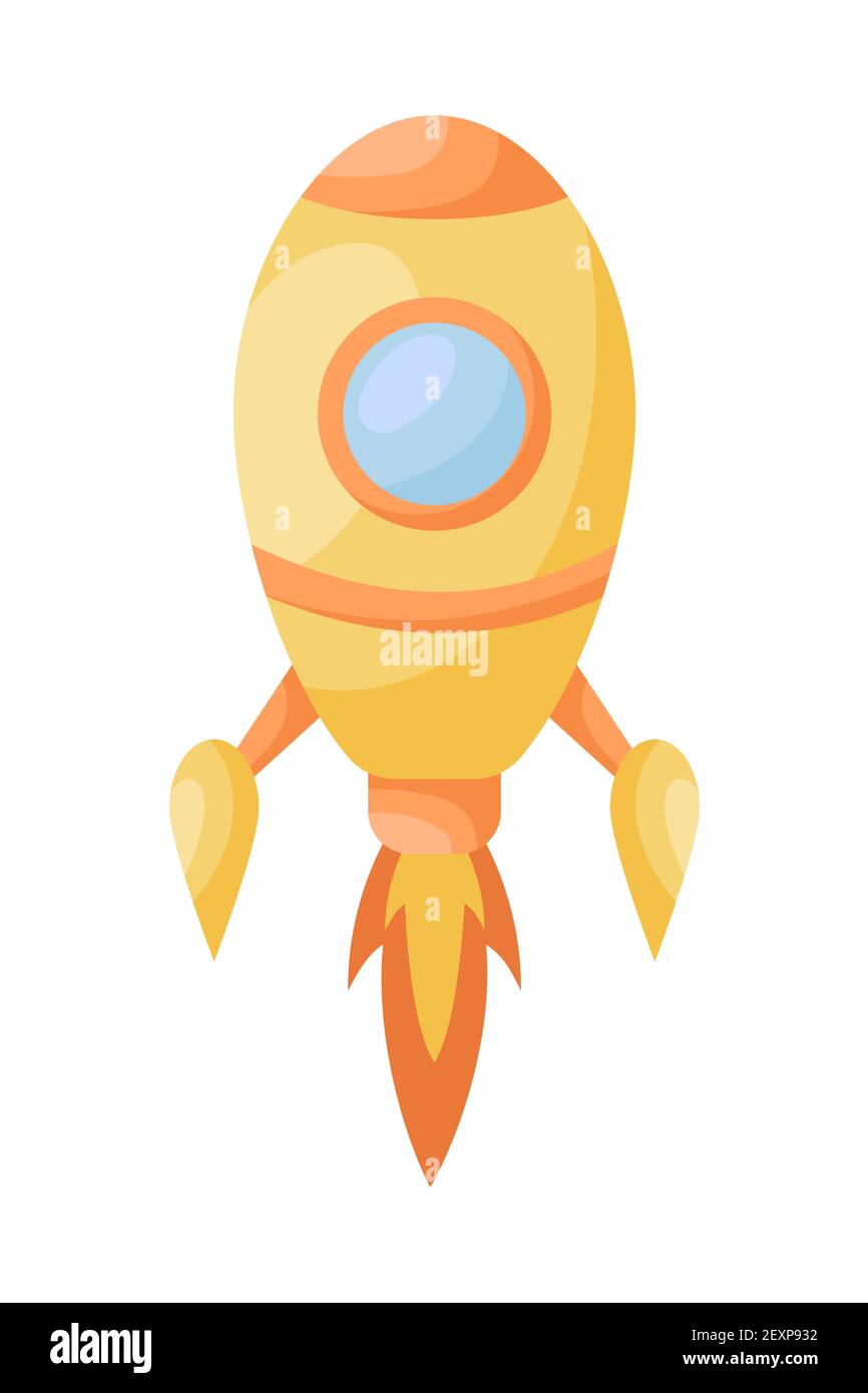 Cute yellow rocket with fire on white background. Cartoon transport for ...
