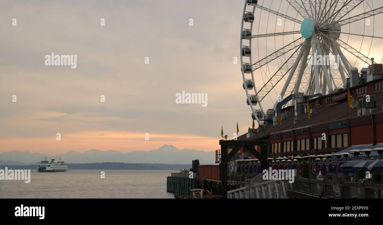 Elliott Bay Seattle Waterfront Pier Ferry Great Ferris Wheel Stock ...