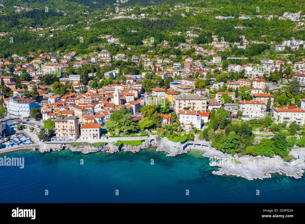 Coastal town of Lovran in Croatia, aerial panoramic view, popular ...