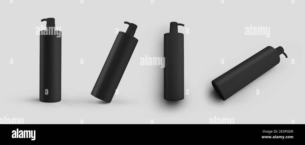 Set of mockups of plastic black cans with a dispenser, bottle for soap ...