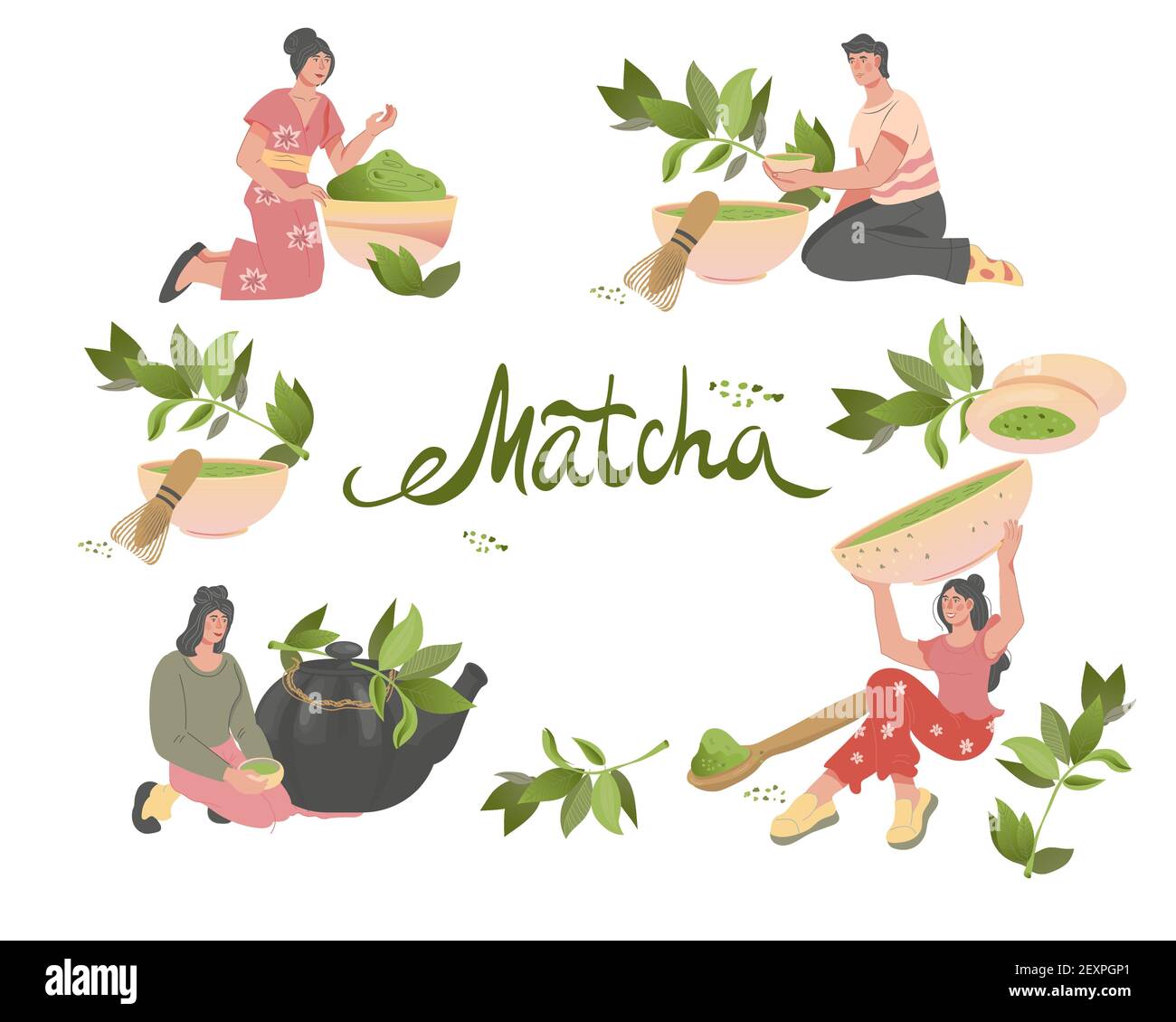 Big set with people drinking Matcha Green Tea, flat vector illustration ...