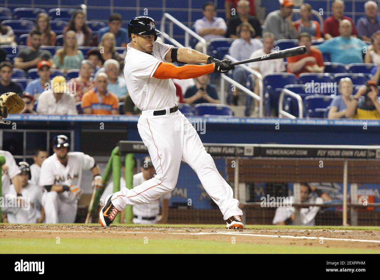 Miami Marlins right fielder Giancarlo Stanton doubles in the first ...