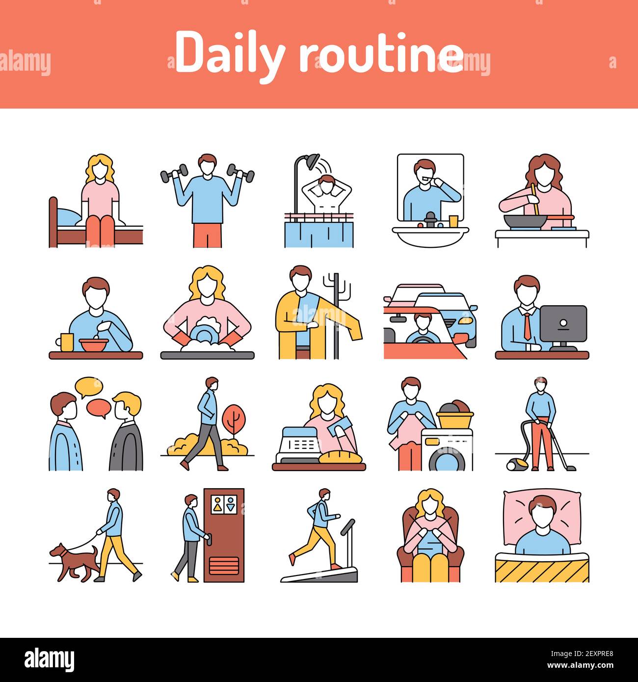 Everyday routine line icons set. Isolated vector element. Outline ...