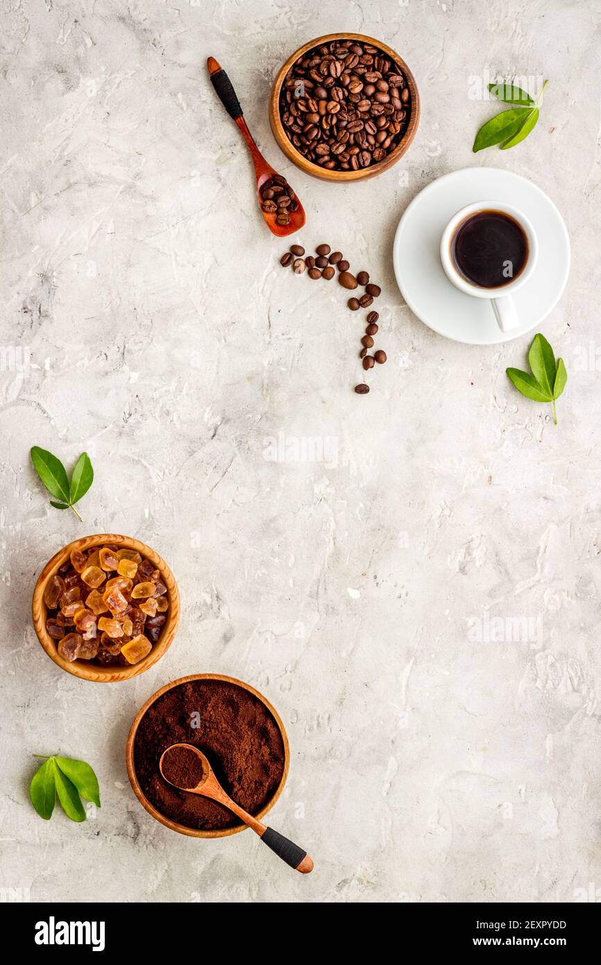 Black coffee espresso with coffee beans, top view Stock Photo - Alamy