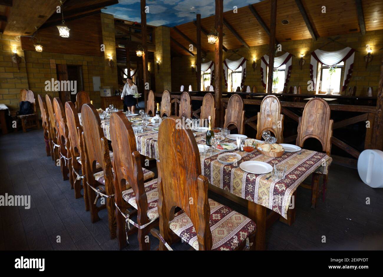 Interior of the banquet room of the restaurant, medieval castle style ...