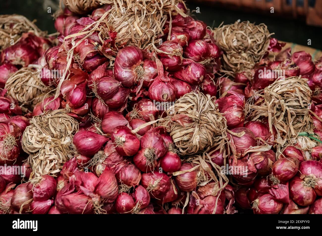 The bundle of red onion shallots displayed on the market stall Stock ...