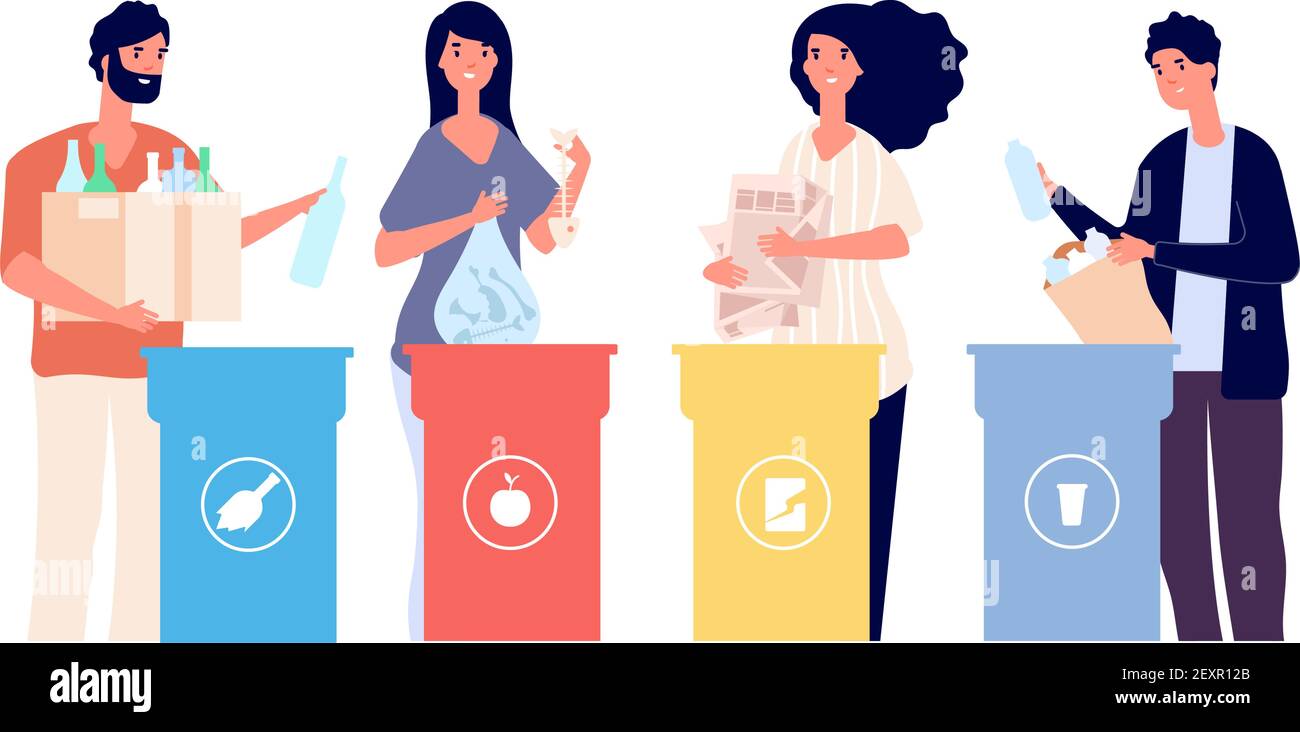People sorting trash. Recyclable garbage in different containers. Recycling eco vector concept ...