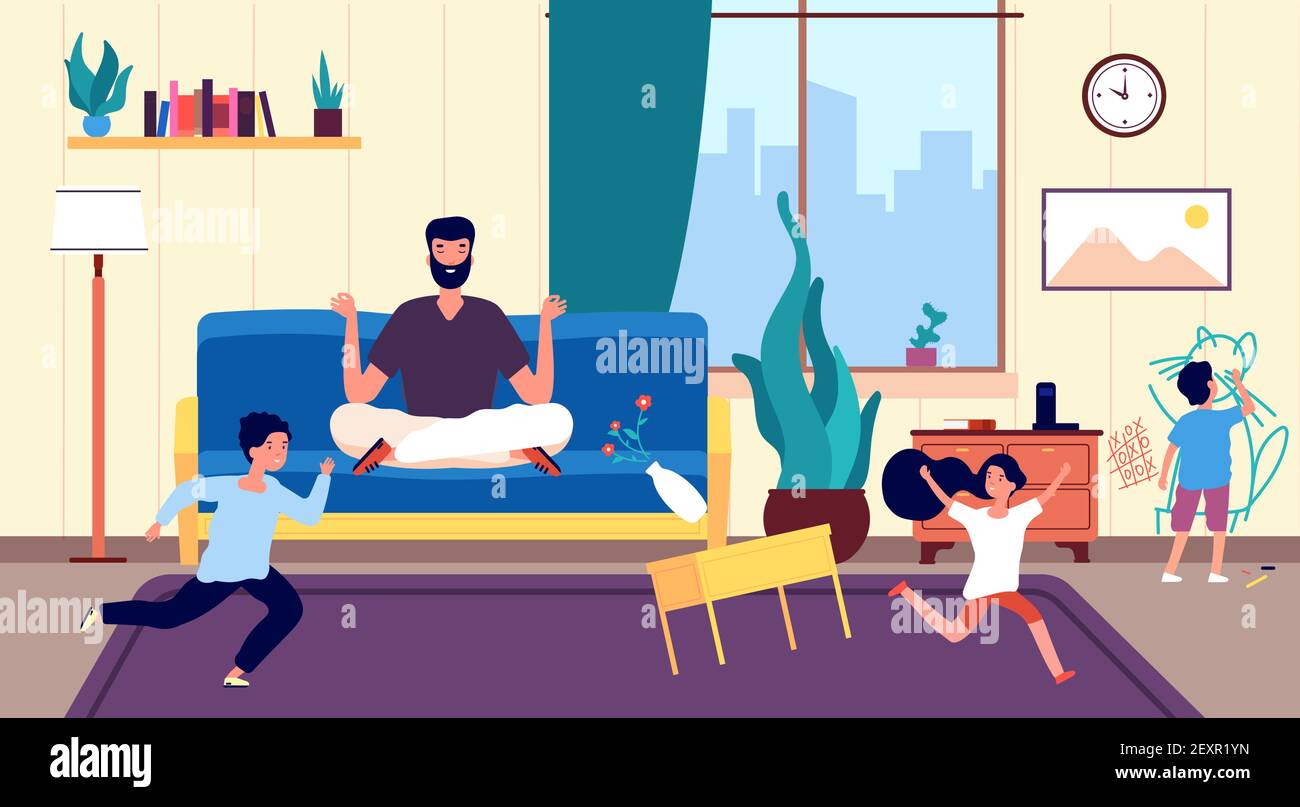 Calm dad and kids. Father meditates among running naughty, mischievous ...