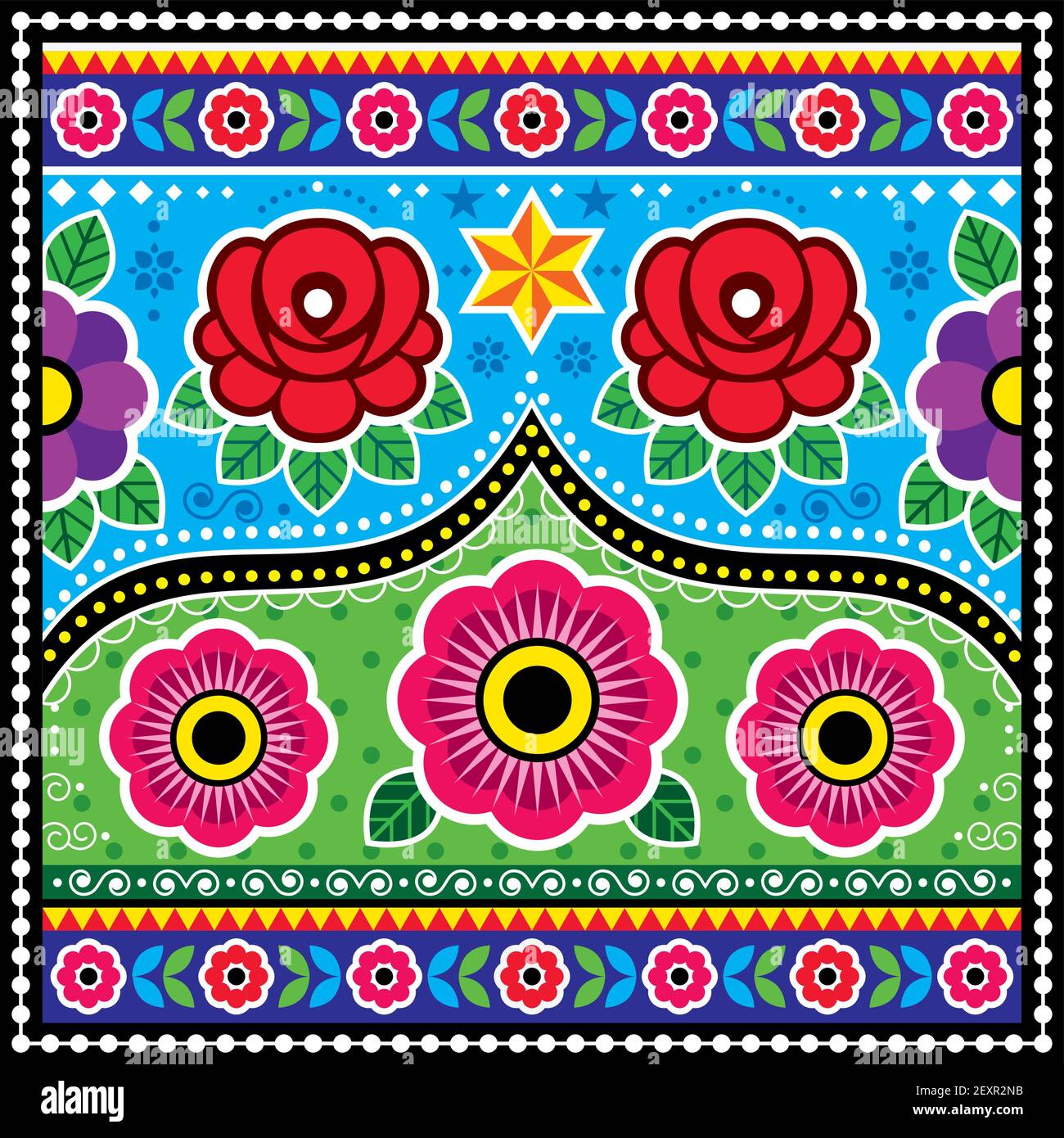Pakistani and Indian truck art vector design with roses, star flowers ...