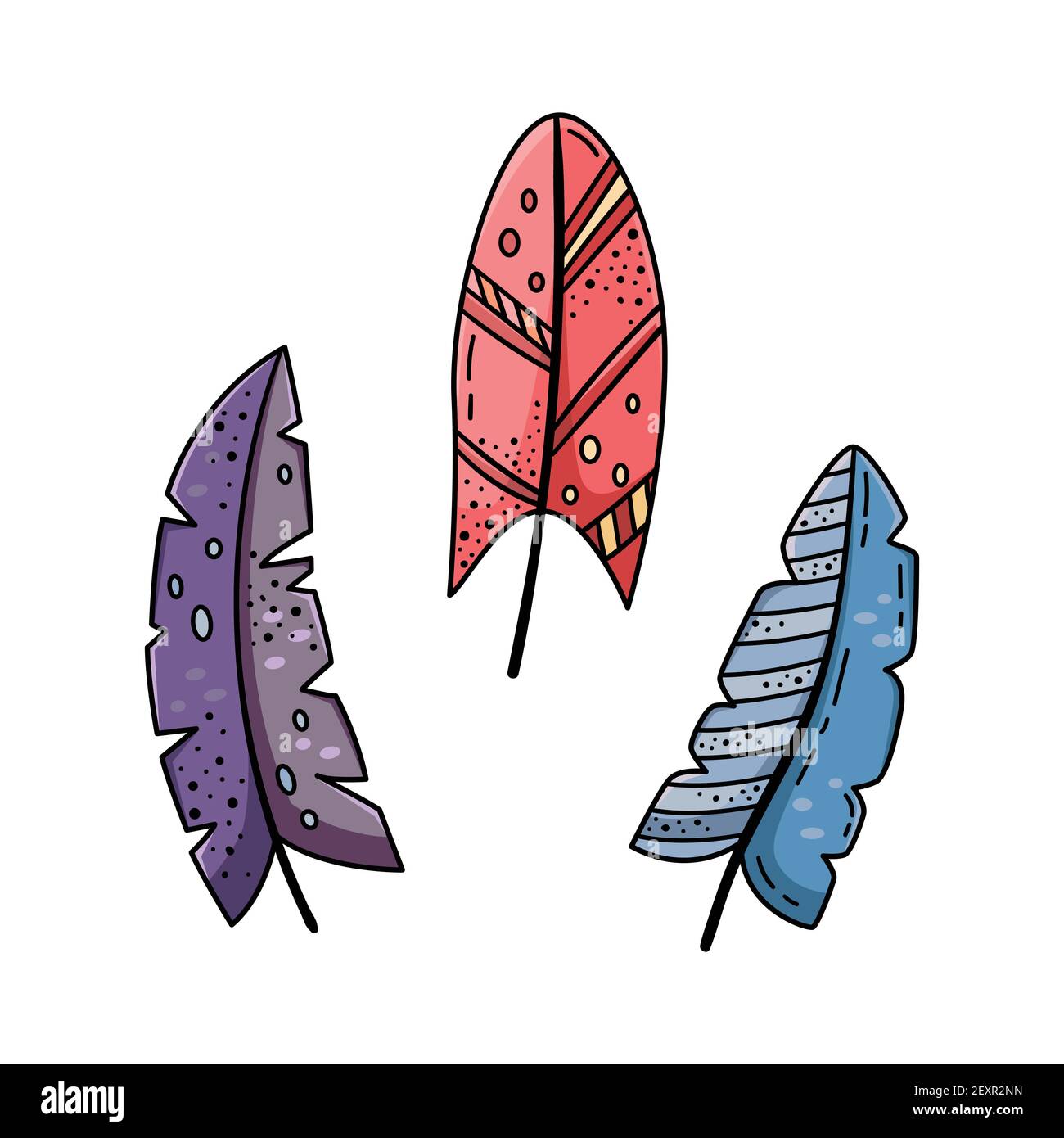 A set of doodle illustrations of bright cartoon feathers. A set of ...
