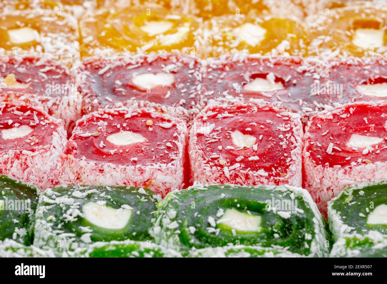 Background of rows of colorful Turkish Delight sweets Stock Photo - Alamy