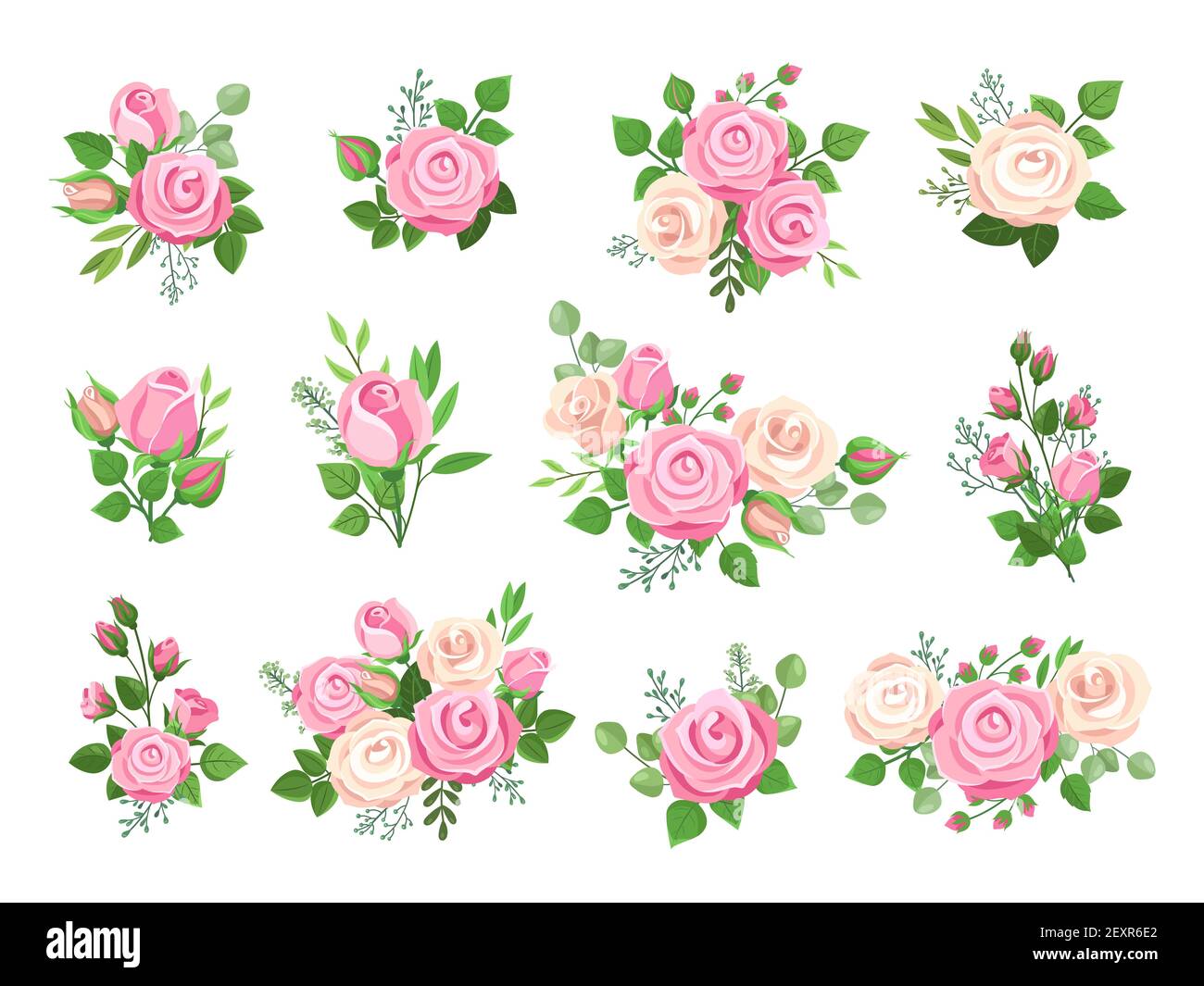 Rose bouquets. Red, white and pink roses, flower elements with green ...