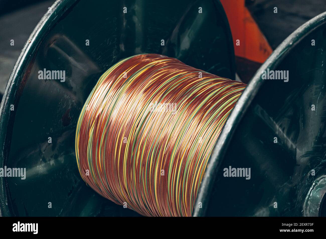Copper wire reels in cable factory close up Stock Photo - Alamy