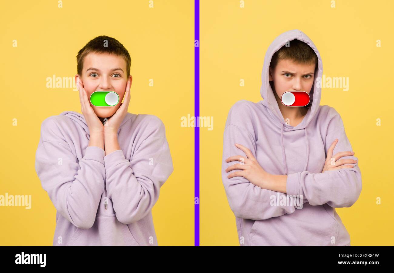 Offended. Mood switch on female face. Happy and angry, splitting ...