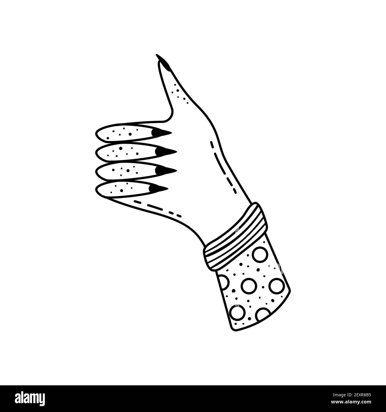 Doodle of illustrations of a female hand with a raised finger up. An ...