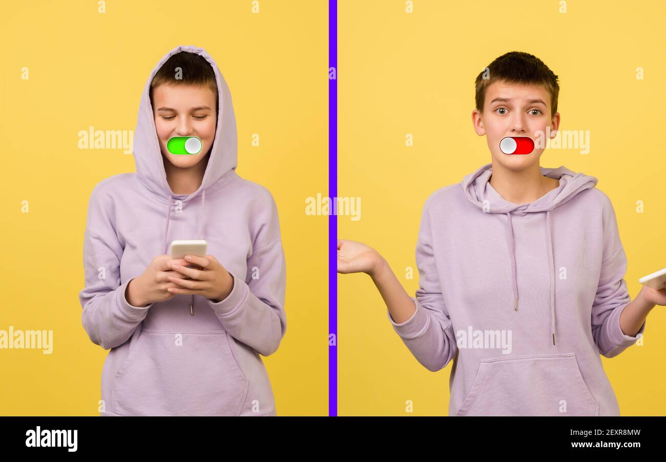 Feeling well. Mood switch on female face. Happy and angry, splitting ...