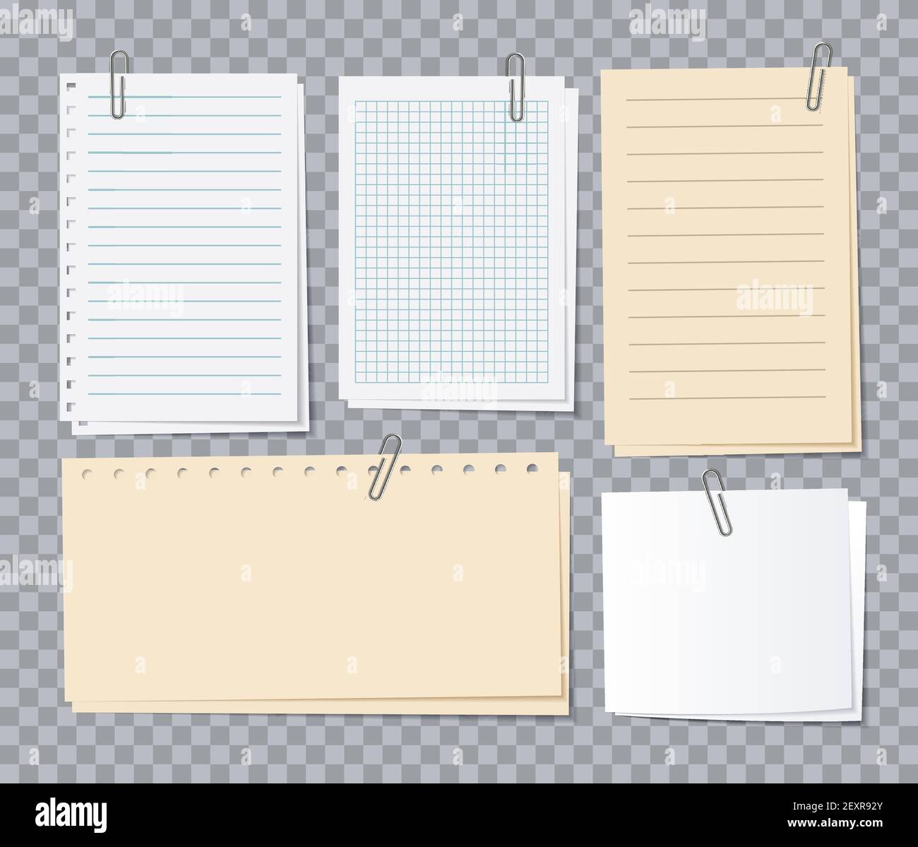 Note papers sheets. Different notepaper with paper clips, memo stickers ...