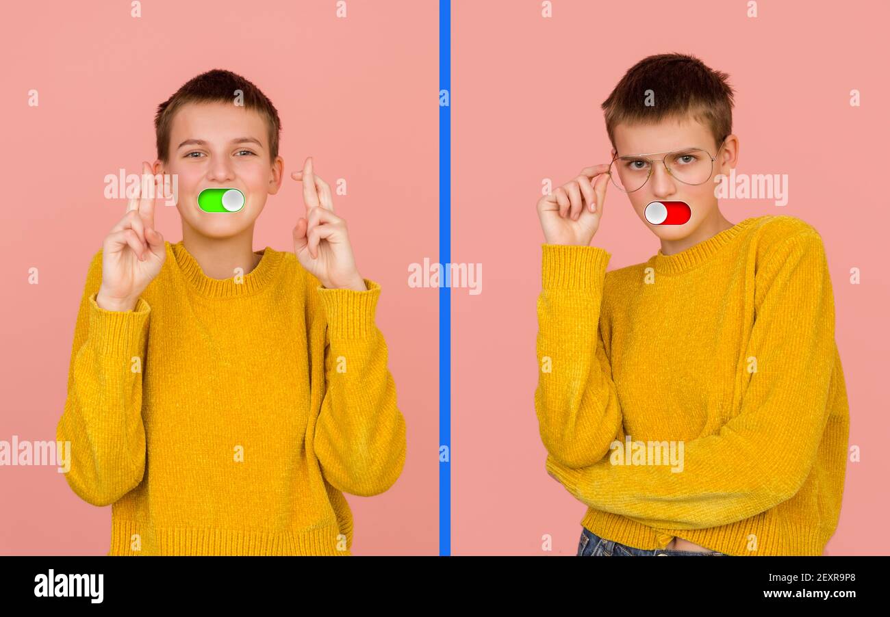 Two sides. Mood switch on female face. Happy and angry, splitting ...