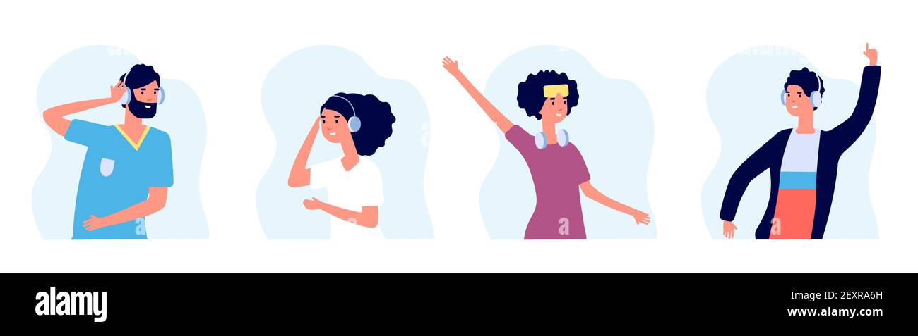 Music lovers. People listen music flat characters. Women and men with ...