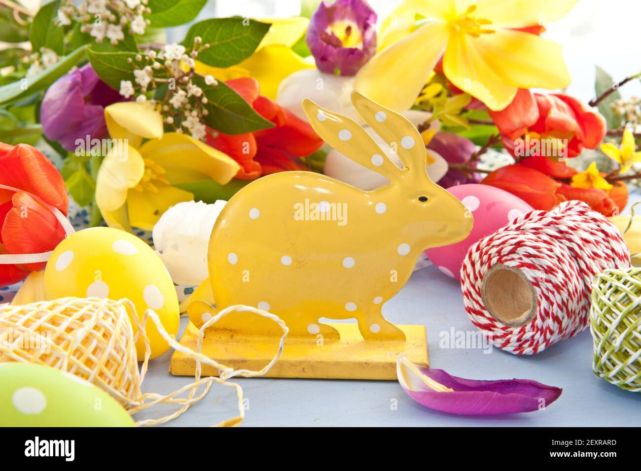 Easter bunny in front of colorful flowers Stock Photo - Alamy