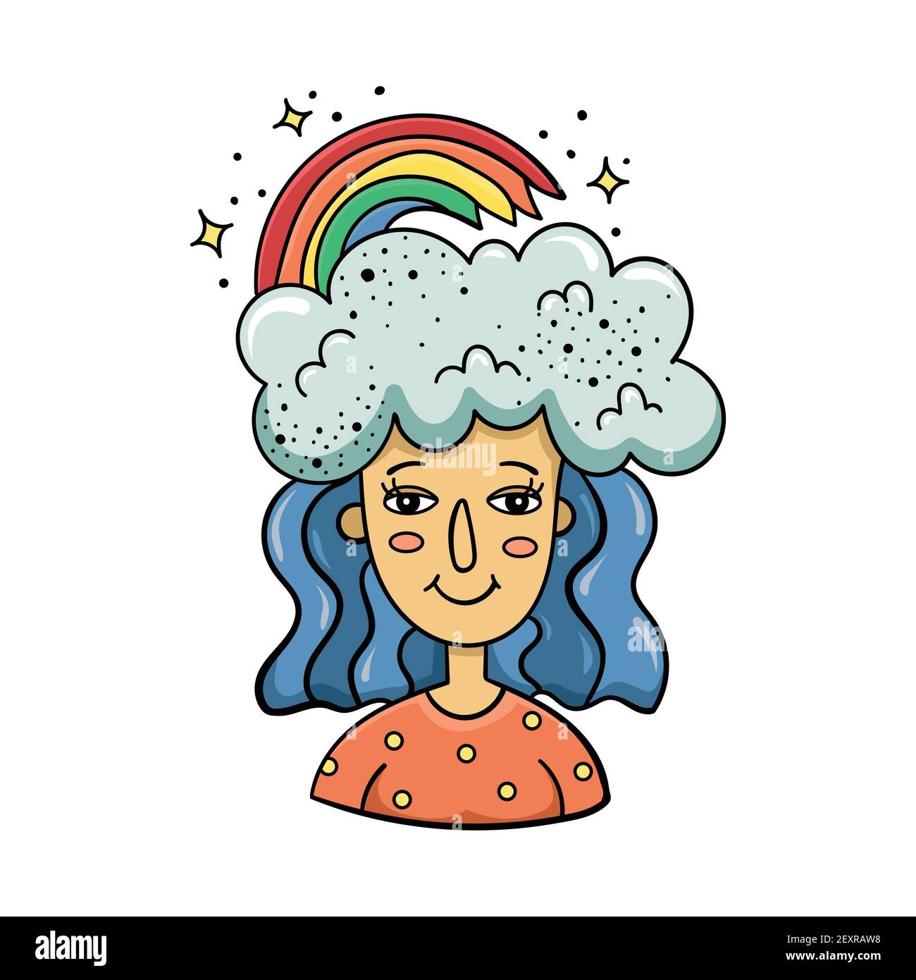Doodle illustration of a magical girl with clouds and a rainbow on her ...