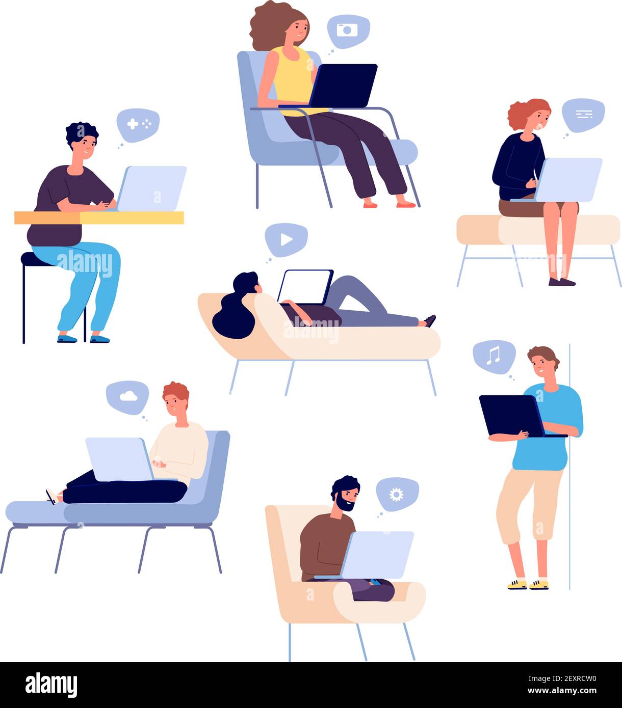 People surfing internet. Persons spend time online with laptop ...