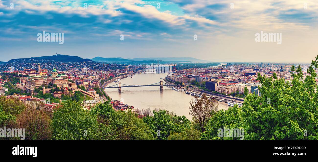Panoramic view of Budapest with Danube, Buda hill and Pest, travel ...