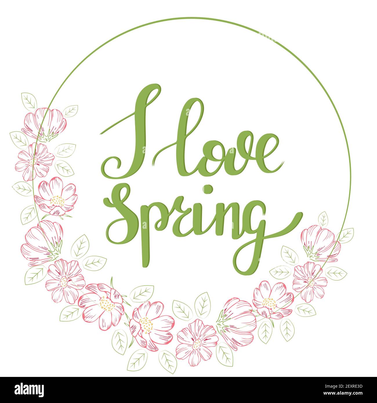 Circular frame with delicate pink flowers. I love spring. Lettering ...