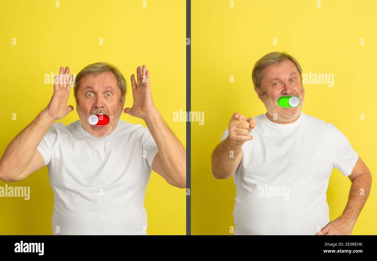 Senior hot-tempered. Mood switch on male face. Happy and angry ...