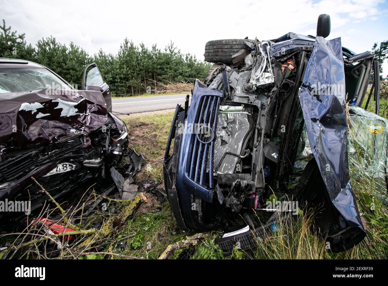 Auto accident. Crashed car in the street. Damaged car after collision ...