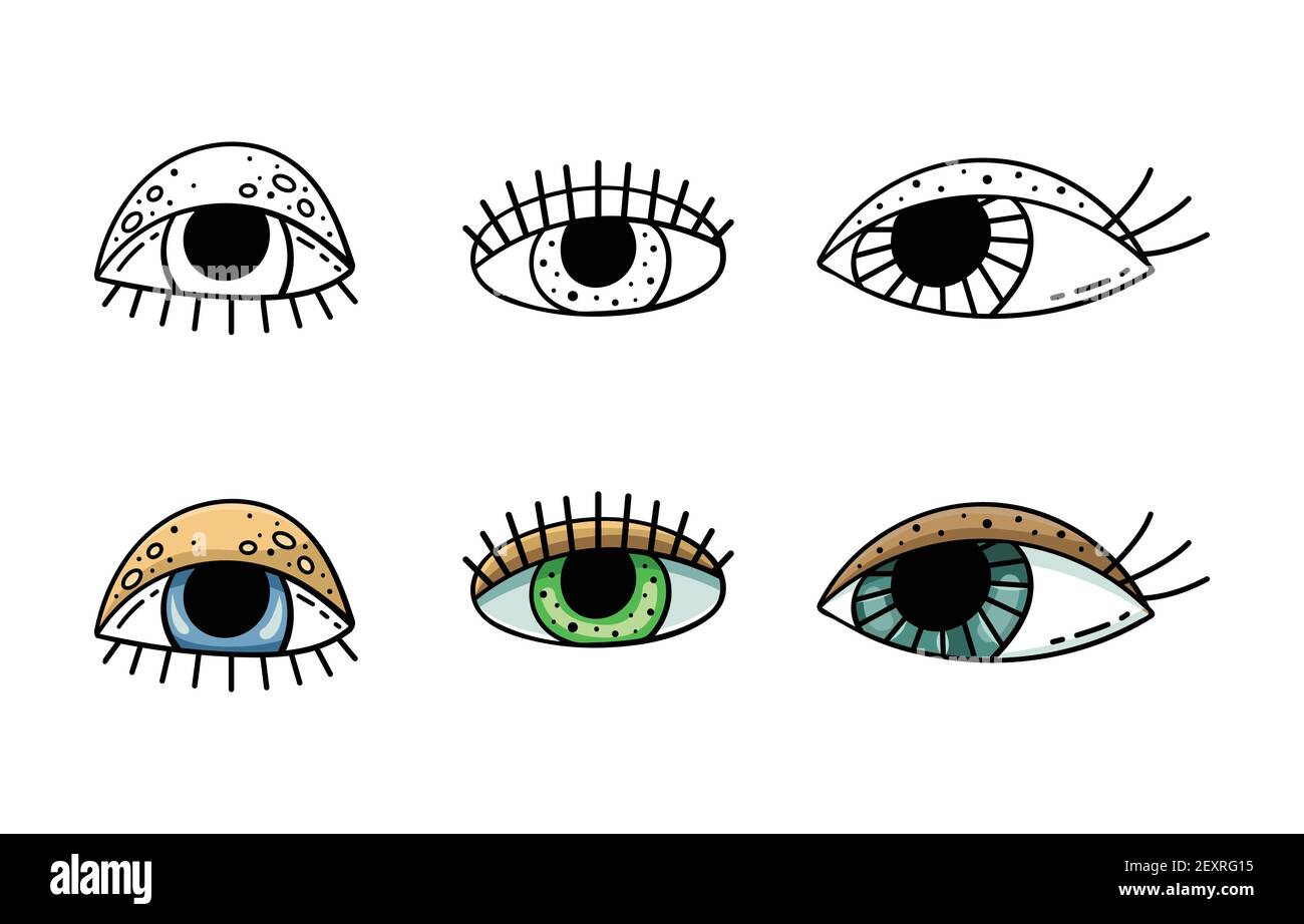 Set of doodle illustrations of cartoon eyes. Beautiful eyes with lashes ...