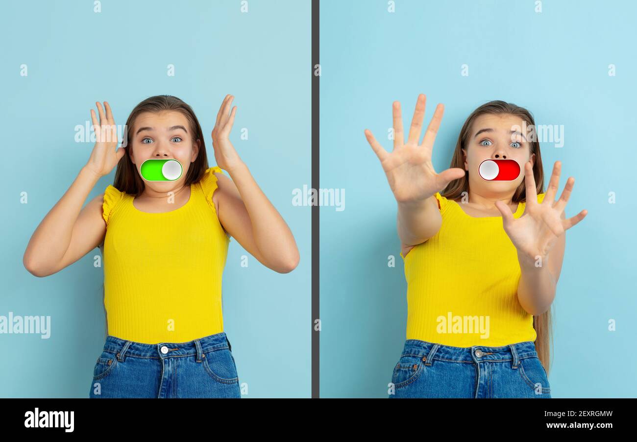 Youth ambiguous. Mood switch on female face. Happy and angry, splitting ...