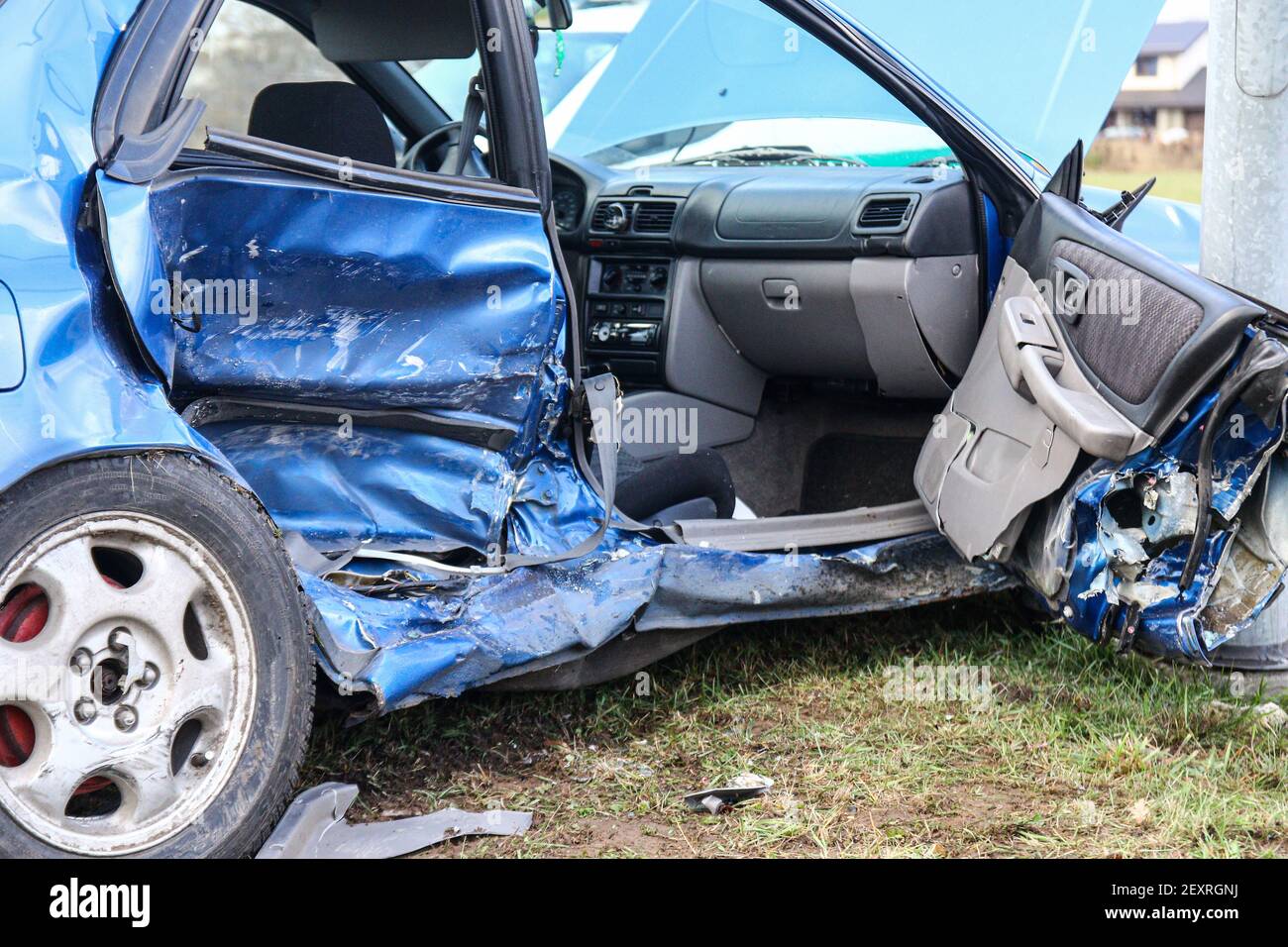 Auto accident. Crashed car in the street. Damaged car after collision ...