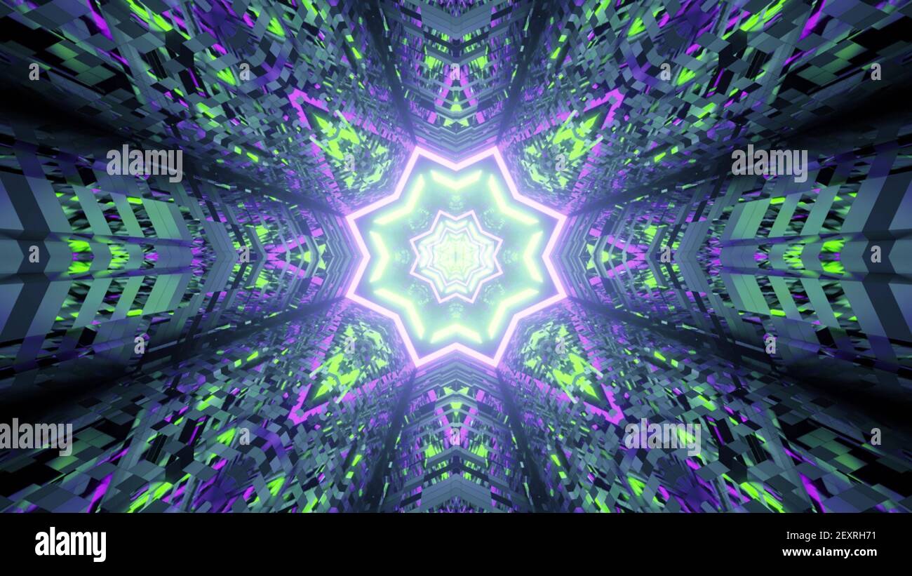 Distorted ornament around star shaped tunnel 3D illustration Stock ...