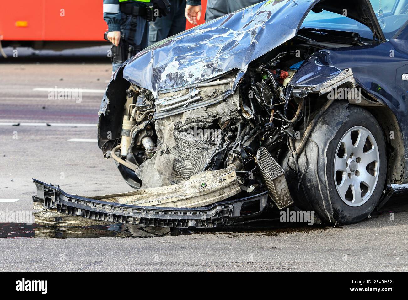 Auto accident. Crashed car in the street. Damaged car after collision ...