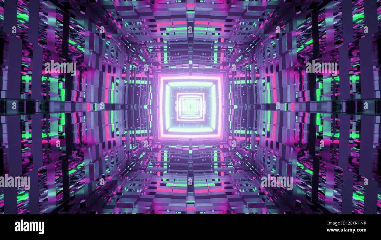 Distorted walls in colorful square tunnel 3D illustration Stock Photo ...